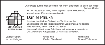 Traueranzeigen von Daniel Paluka | Mittelbayerische Trauer