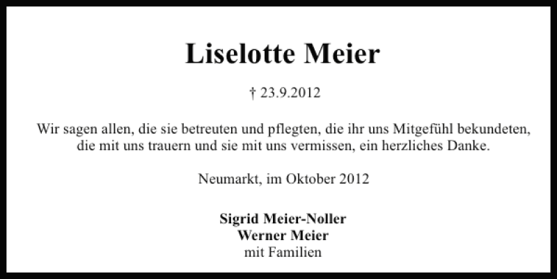 Traueranzeigen von Liselotte Meier | Mittelbayerische Trauer