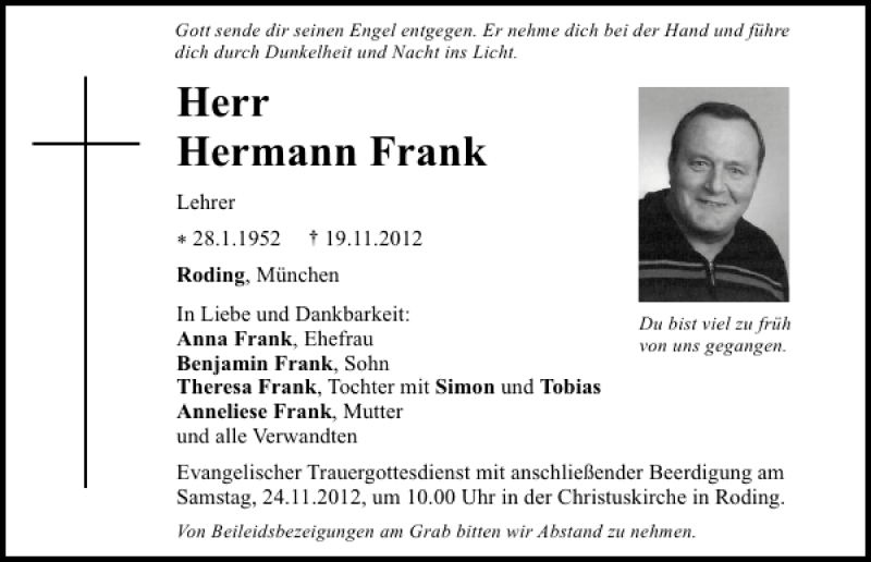 Traueranzeigen von Frank Hermann | Mittelbayerische Trauer
