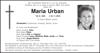 Traueranzeigen von Maria Urban | Mittelbayerische Trauer
