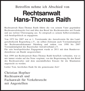 Traueranzeigen von RechtsanwaltHans-Thomas Raith | Mittelbayerische Trauer