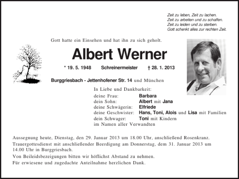 Traueranzeigen von Albert Werner | Mittelbayerische Trauer
