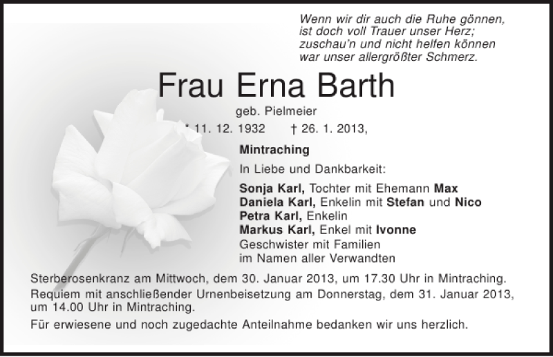 Traueranzeigen von Frau Erna Barth | Mittelbayerische Trauer