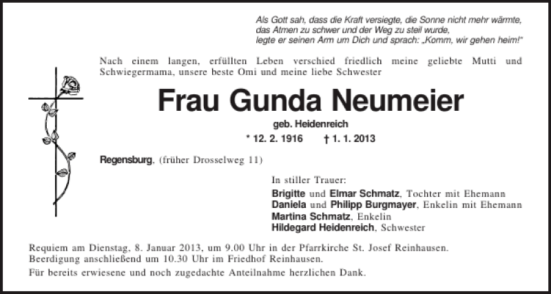 Traueranzeigen von Frau Gunda Neumeier | Mittelbayerische Trauer
