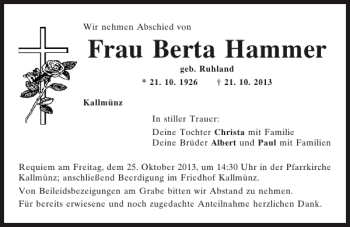 Traueranzeigen von Kallmünz Berta Hammer | Mittelbayerische Trauer