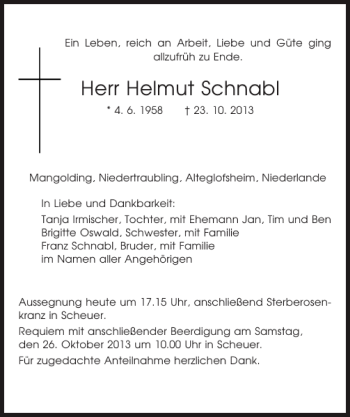 Traueranzeigen von Mangolding Helmut Schnabl | Mittelbayerische Trauer