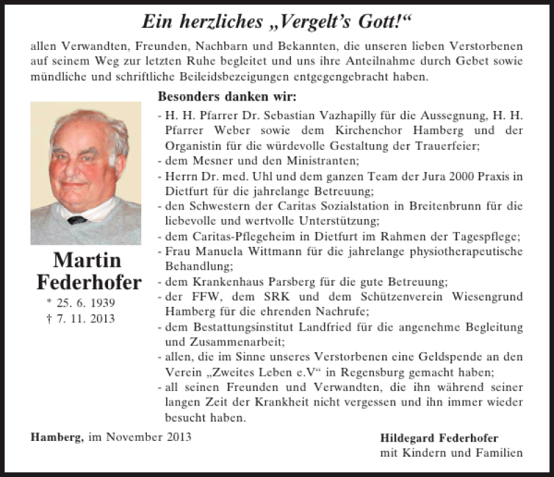 Traueranzeigen von Hamberg Martin Federhofer | Mittelbayerische Trauer
