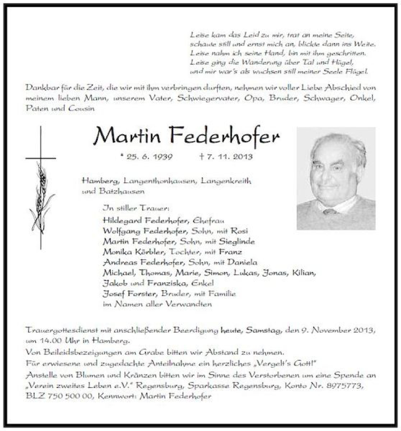 Traueranzeigen von Hamberg Martin Federhofer | Mittelbayerische Trauer