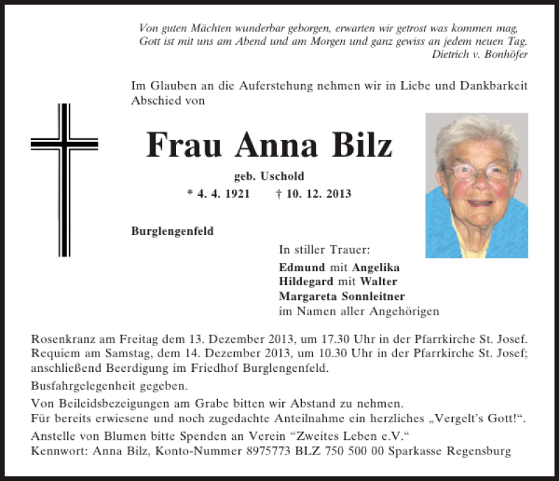 Traueranzeigen von Burglengenfeld Anna Bilz | Mittelbayerische Trauer