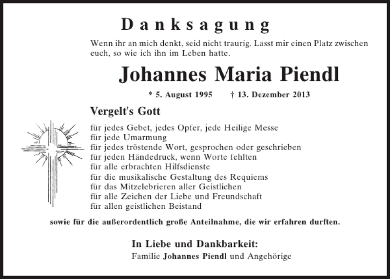 Traueranzeigen von Johannes Maria Piendl | Mittelbayerische Trauer
