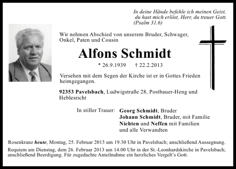 Traueranzeigen von Alfons Schmidt | Mittelbayerische Trauer