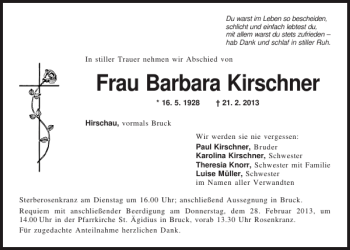 Traueranzeigen von Frau Barbara Kirschner | Mittelbayerische Trauer