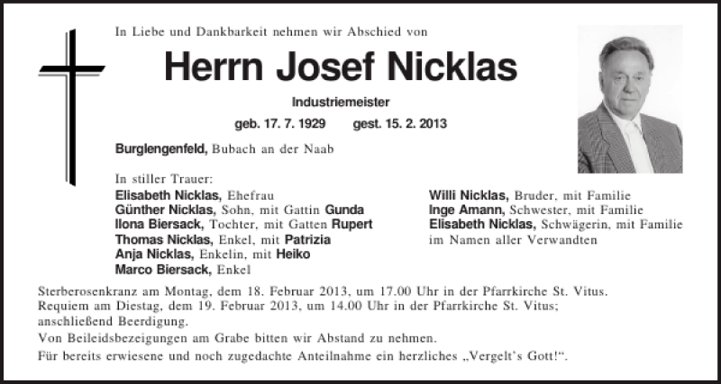 Traueranzeigen von Josef Nicklas | Mittelbayerische Trauer