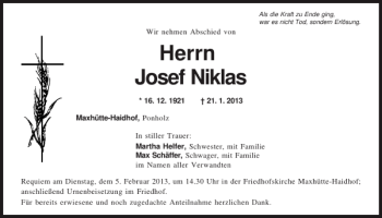Traueranzeigen von Josef Niklas | Mittelbayerische Trauer