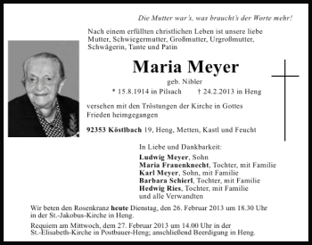 Traueranzeigen von Meyer Maria | Mittelbayerische Trauer