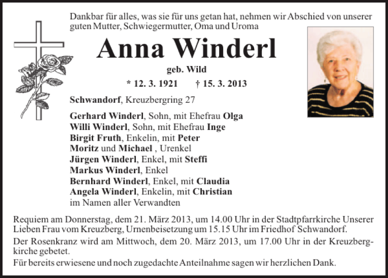 Traueranzeigen von Anna Winderl | Mittelbayerische Trauer