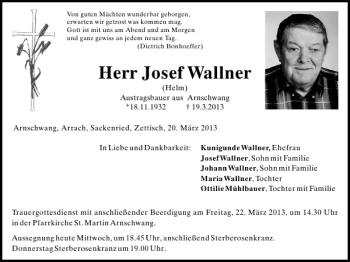 Traueranzeigen von Arnschwang Herr Josef Wallner | Mittelbayerische Trauer