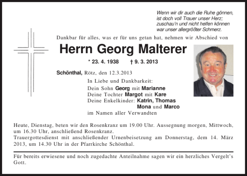 Traueranzeigen von Georg Malterer | Mittelbayerische Trauer