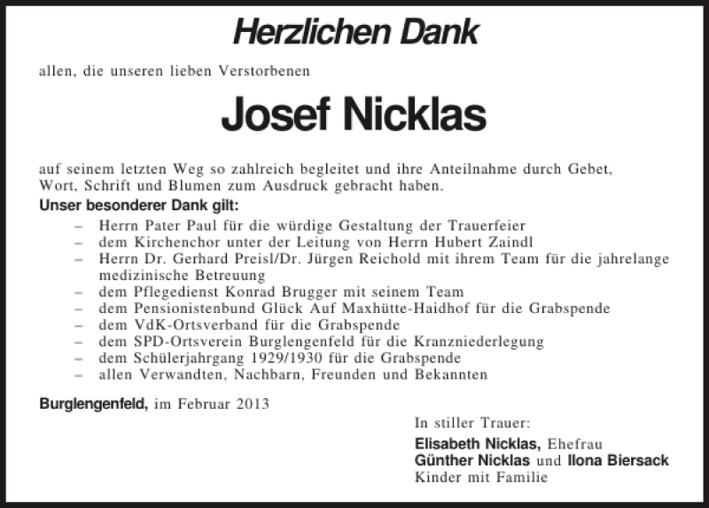 Traueranzeigen von Josef Nicklas | Mittelbayerische Trauer