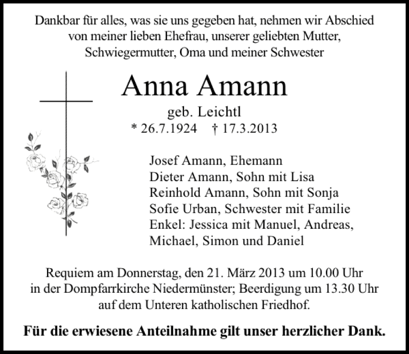 Traueranzeigen von Regensburg Anna Amann | Mittelbayerische Trauer