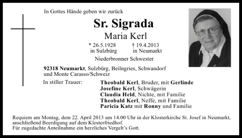 Traueranzeigen von Neumarkt Sr. Sigrada - Maria Kerl | Mittelbayerische ...