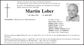 Traueranzeigen von Neustadt/ Do. Martin Lober | Mittelbayerische Trauer