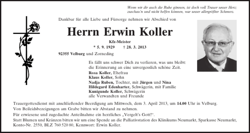Traueranzeigen von Velburg Erwin Koller | Mittelbayerische Trauer