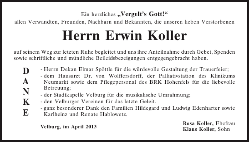 Traueranzeigen von Velburg Erwin Koller | Mittelbayerische Trauer