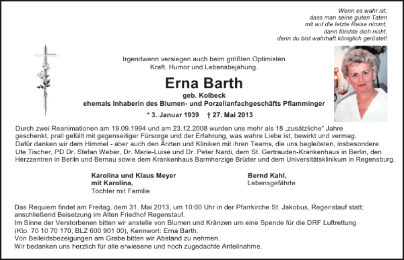 Traueranzeigen von Erna Barth | Mittelbayerische Trauer