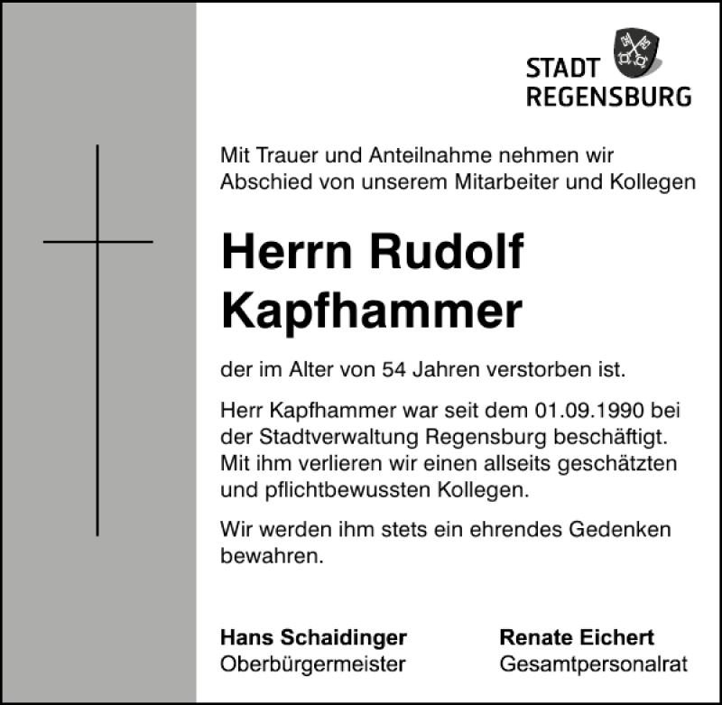 Traueranzeigen von Rudolf Kapfhammer | Mittelbayerische Trauer