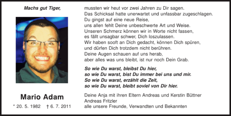Traueranzeigen von Mario Adam | Mittelbayerische Trauer