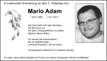 Traueranzeigen von Mario Adam | Mittelbayerische Trauer