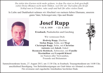 Traueranzeigen von Erasbach Josef Rupp | Mittelbayerische Trauer