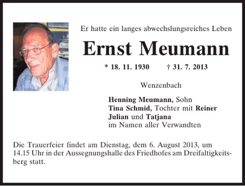 Traueranzeigen von Wenzenbach Ernst Meumann | Mittelbayerische Trauer