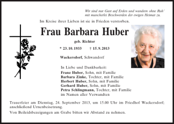 Traueranzeigen von Barbara Huber | Mittelbayerische Trauer