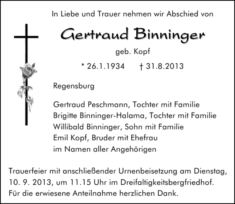 Traueranzeigen von Regensburg Gertraud Binninger | Mittelbayerische Trauer