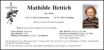 Traueranzeigen von Mathilde Hettich | Mittelbayerische Trauer