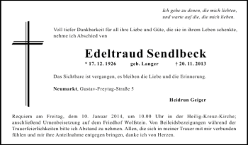 Traueranzeigen von Neumarkt Edeltraud Sendlbeck | Mittelbayerische Trauer