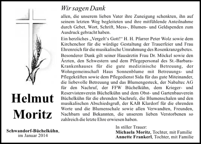 Traueranzeigen von Schwandorf-Büchelkühn Helmut Moritz ...