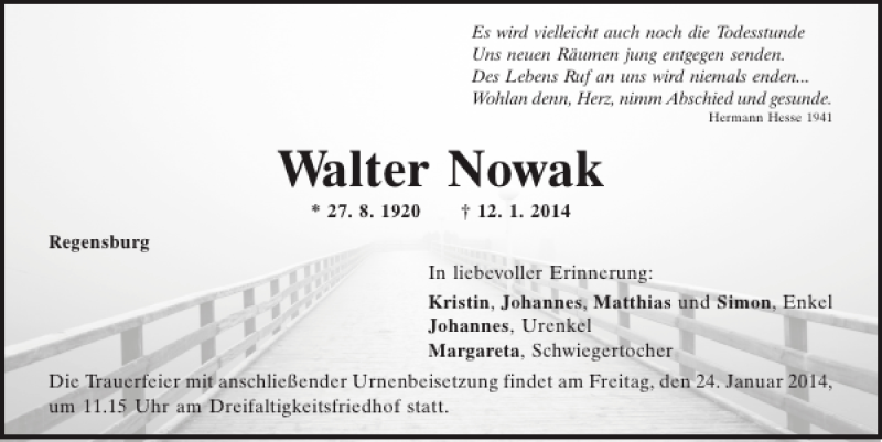 Traueranzeigen von Walter Nowak | Mittelbayerische Trauer
