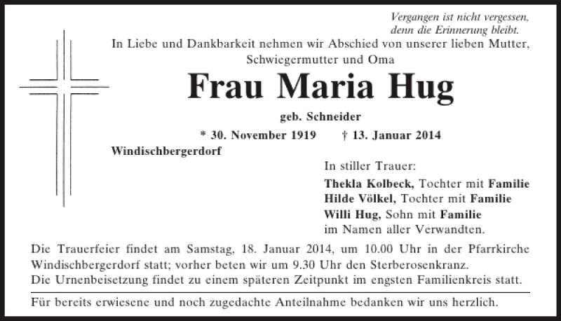 Traueranzeigen von Windischbergerdorf Maria Hug | Mittelbayerische Trauer