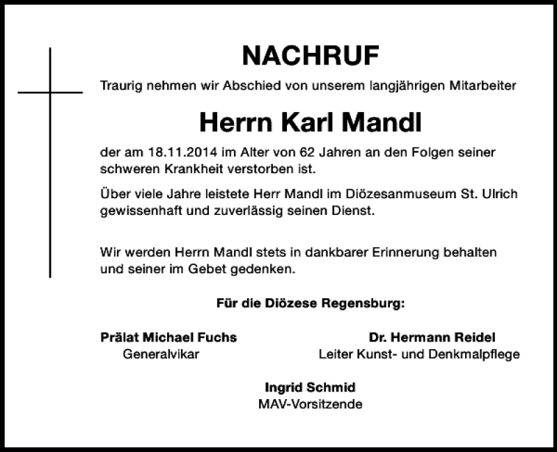 Traueranzeigen von Karl Mandl | Mittelbayerische Trauer