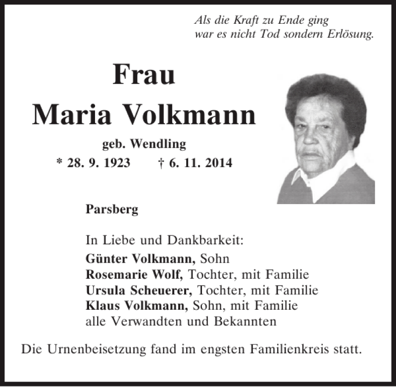 Traueranzeigen von Parsberg Maria Volkmann | Mittelbayerische Trauer