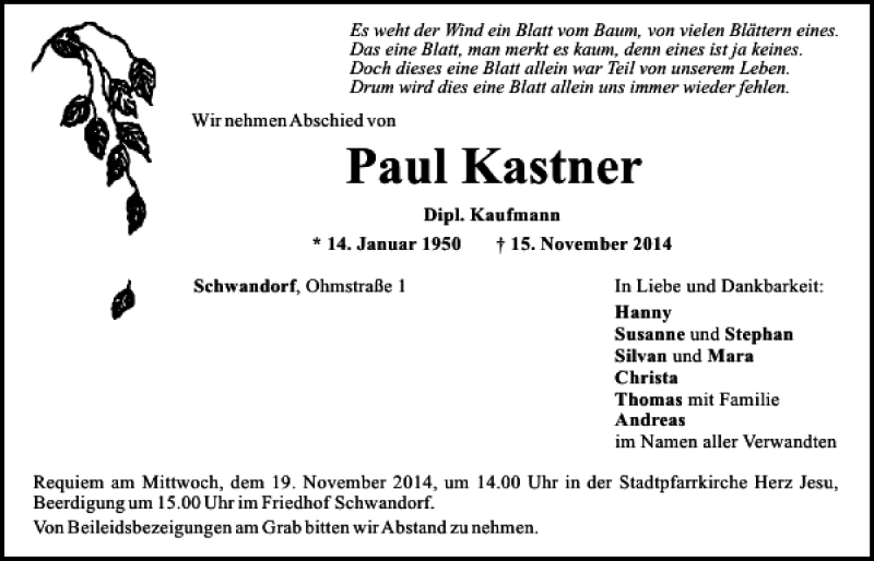 Traueranzeigen von Schwandorf Paul Kastner | Mittelbayerische Trauer