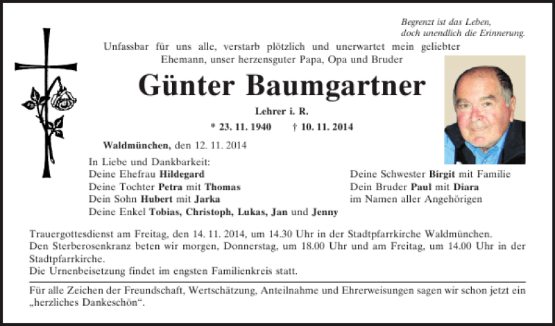 Traueranzeigen von Waldmünchen Günter Baumgartner | Mittelbayerische Trauer
