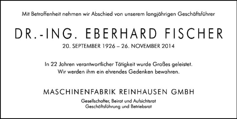 Traueranzeigen von Dr.-Ing. Eberhard Fischer | Mittelbayerische Trauer