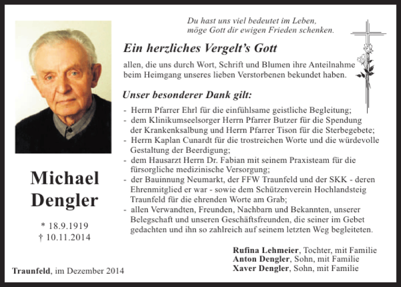 Traueranzeigen von Traunfeld Michael Dengler | Mittelbayerische Trauer