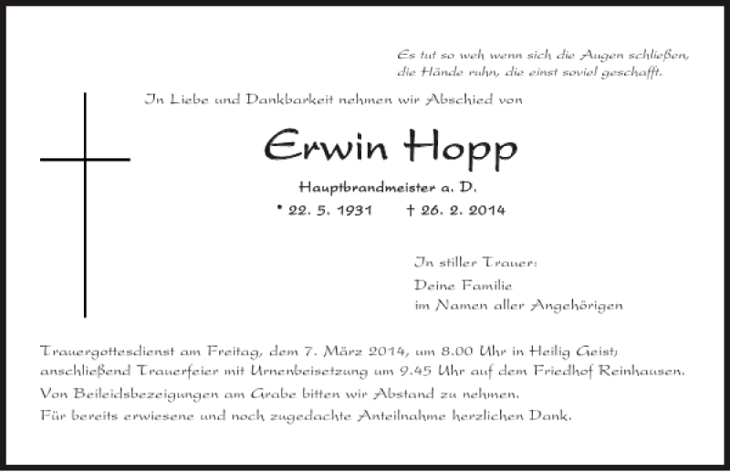 Traueranzeigen von Erwin Hopp | Mittelbayerische Trauer