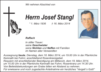Traueranzeigen von Raffach Josef Stangl | Mittelbayerische Trauer