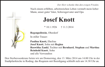 Traueranzeigen von Regenpeilstein Josef Knott | Mittelbayerische Trauer